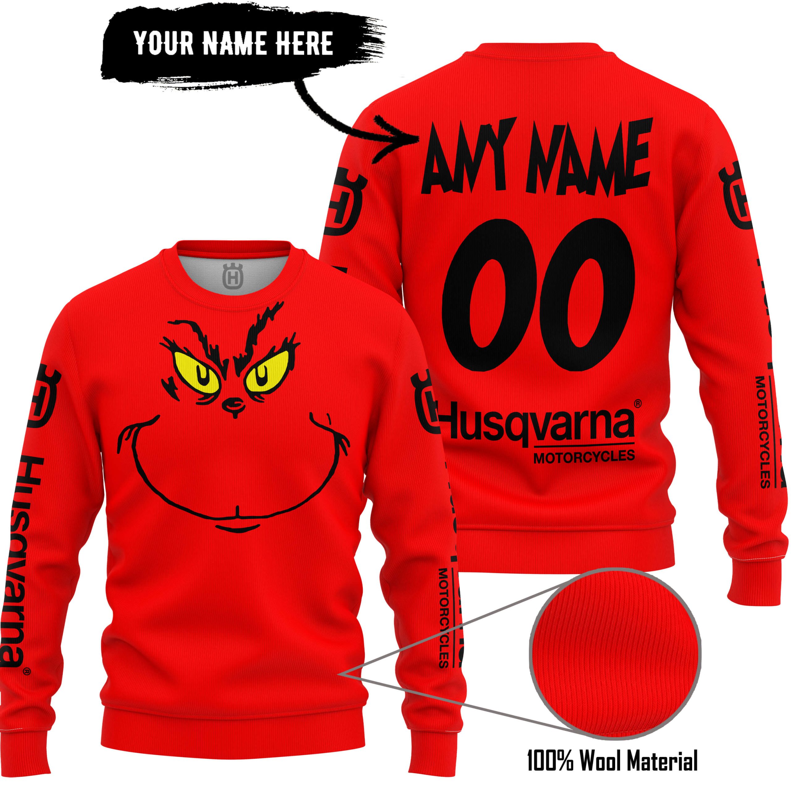 GRINCH – CUSTOM NAME – HUSQVARNA – RED – SWEATER UGLY – Dirtbikeslove ...
